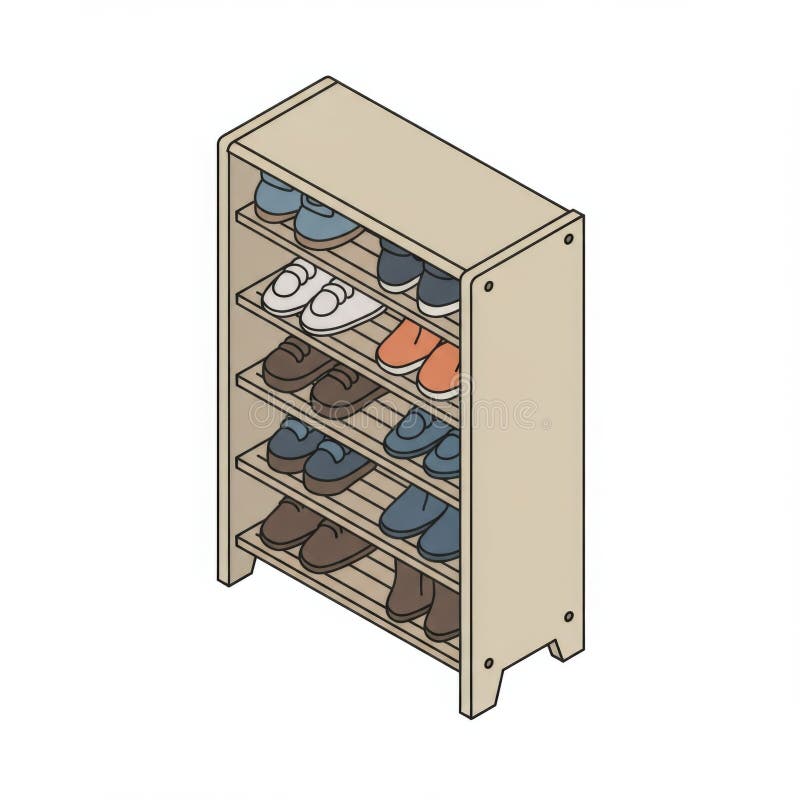 Beige Wooden Shoe Rack with Assorted Footwear Stock Illustration ...