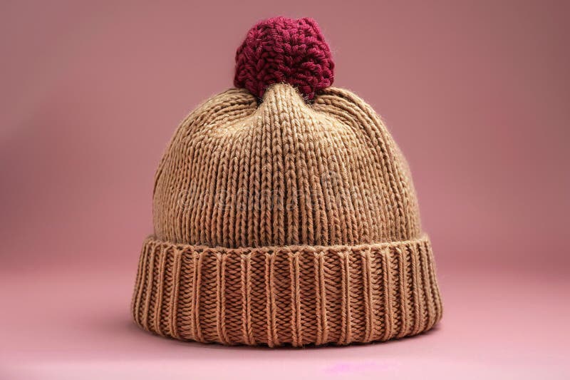 Beige Woolen Hat with Bobble, Solid Color Background, Product ...