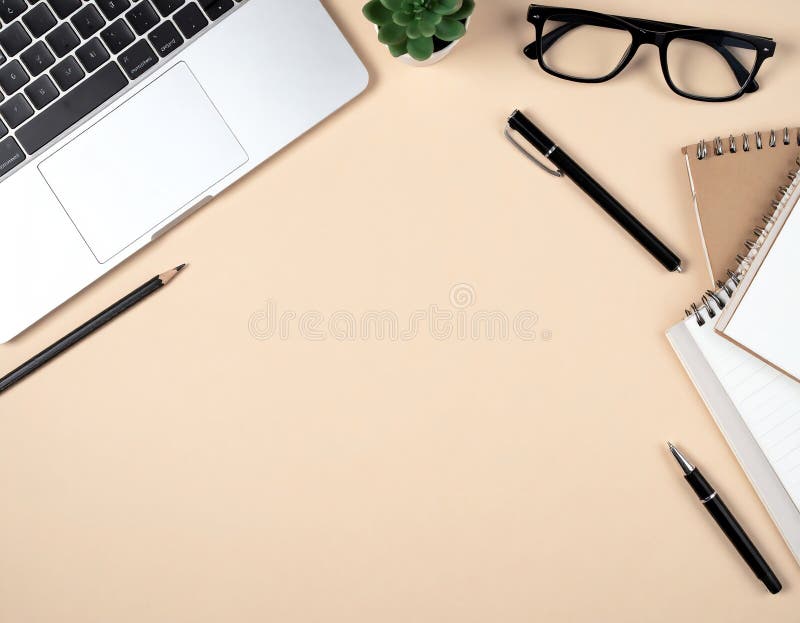 Beige Workspace with Laptop, Stationery, and Plant Stock Image - Image ...