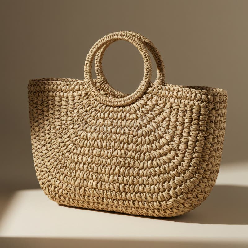 Beige Woven Straw Tote Bag with Circular Handles Stock Illustration ...