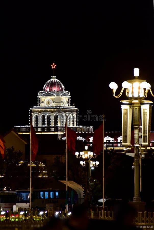 Beijing -- Night Lights Architecture Stock Image - Image of flagn ...
