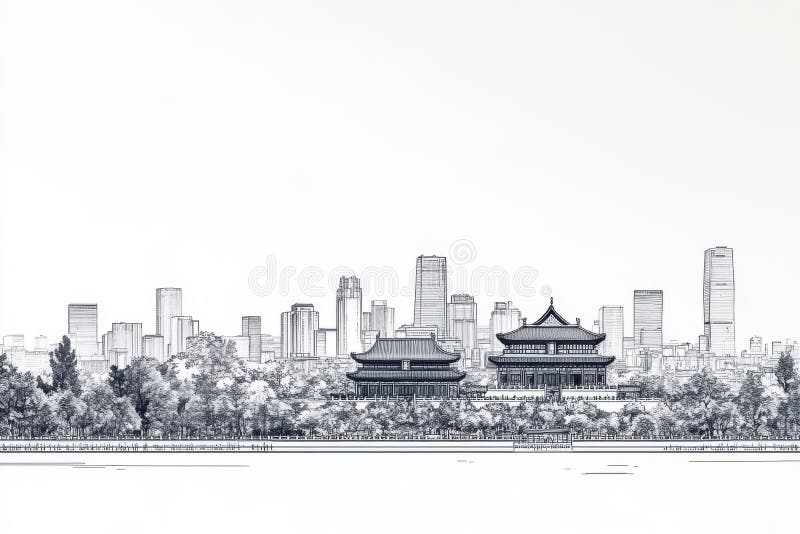 Beijing Skyline Ancient Temple Modern City Contrast Stock Illustration ...