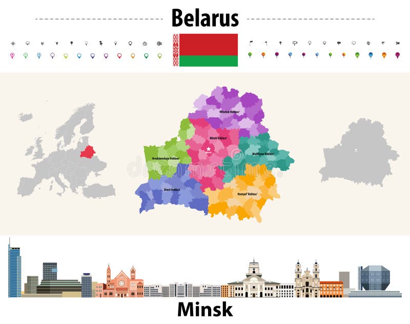 Belarus Administrative Divisions Map. Flag of Belarus. Minsk Cityscape ...