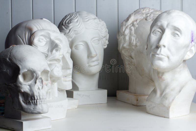 Classical Plaster Head Skull Bust Against a White, Old, Worn Wall ...