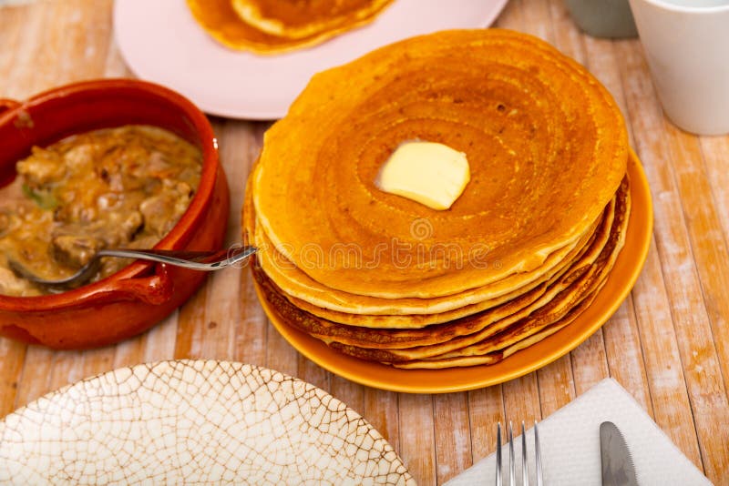 Belarusian Machanka with Assorted Meat Served with Pancakes Stock Photo ...