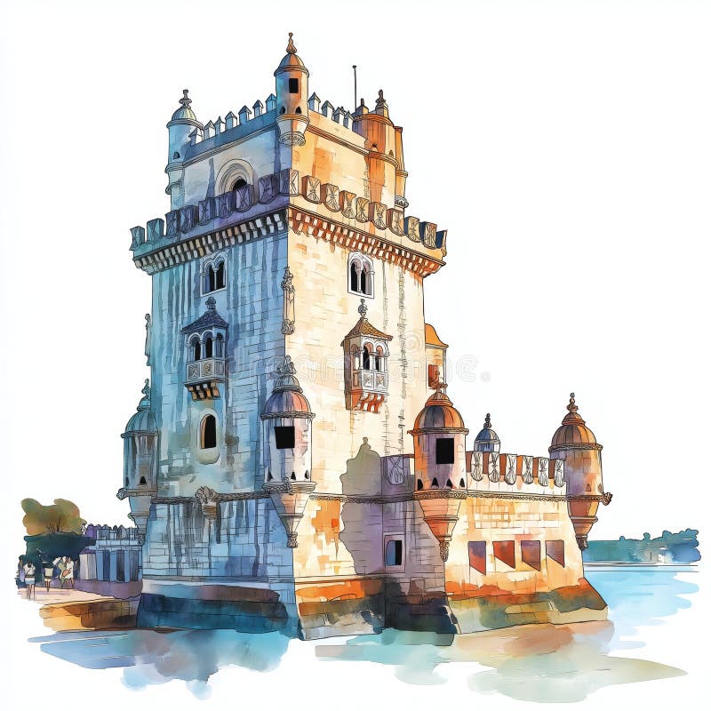 Belem Tower. Belem Tower Hand Drawn Watercolor Illustration Stock ...