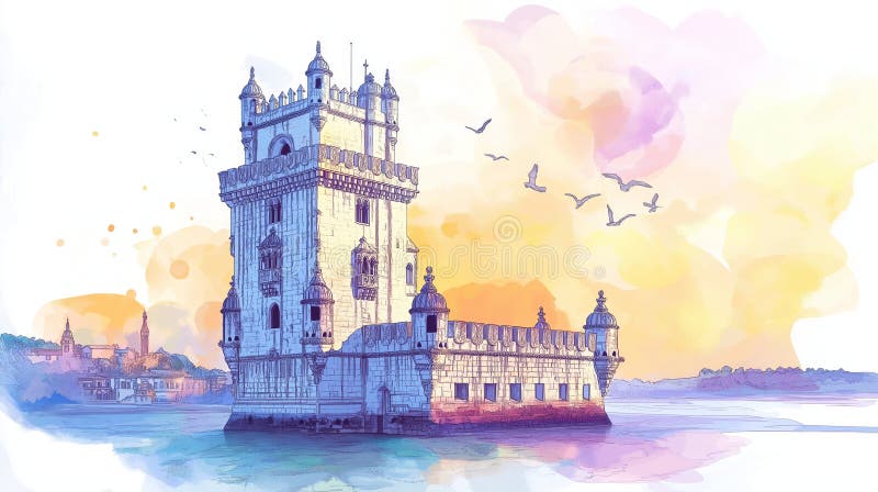 Belem Tower. Belem Tower Hand Drawn Watercolor Illustration Stock ...