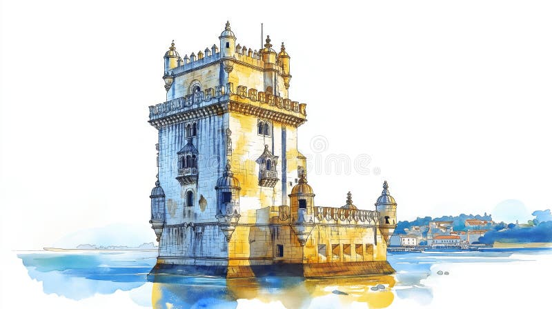 Belem Tower. Belem Tower Hand Drawn Watercolor Illustration Stock ...