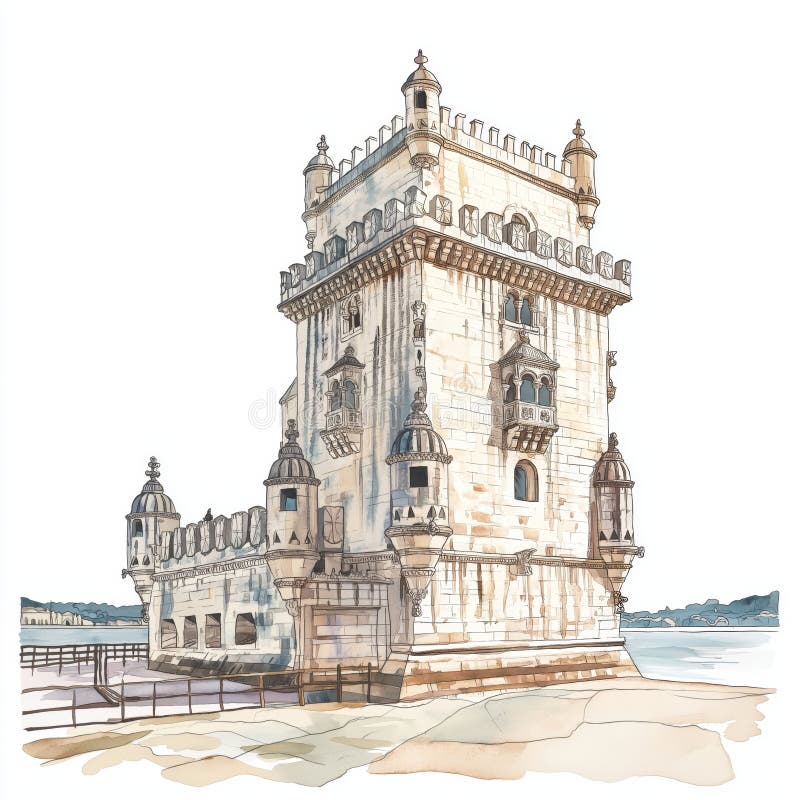 Belem Tower. Belem Tower Hand Drawn Watercolor Illustration Stock ...