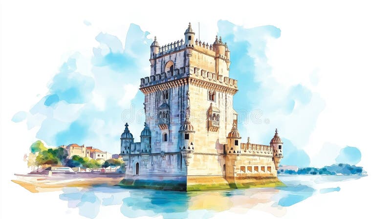 Belem Tower. Belem Tower Hand Drawn Watercolor Illustration Stock ...