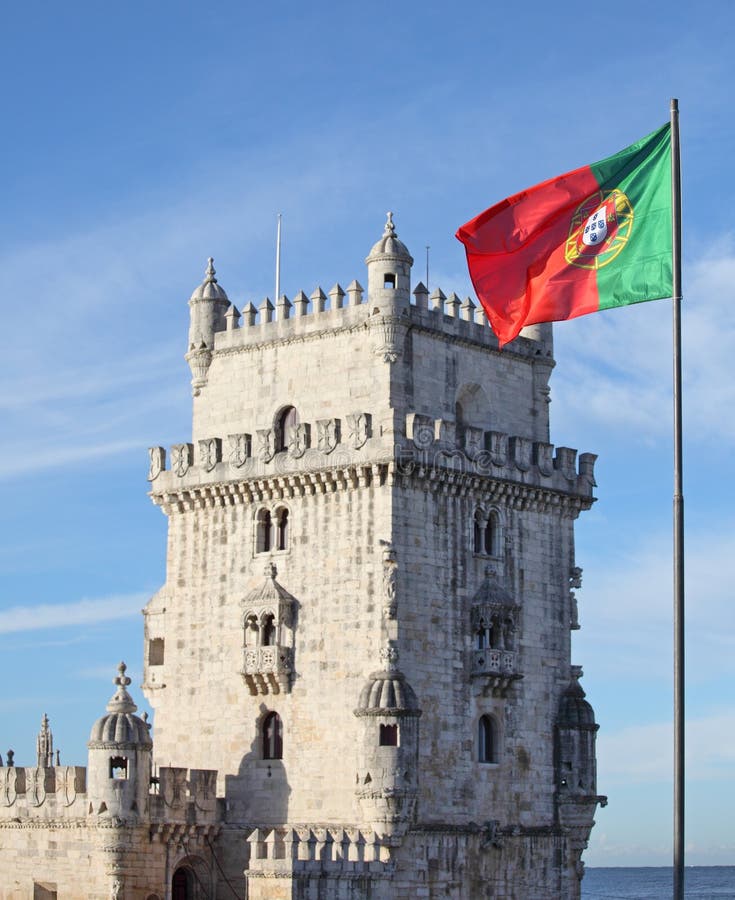 Belem Tower and Portuguese Flag Stock Image - Image of portugal, castle ...