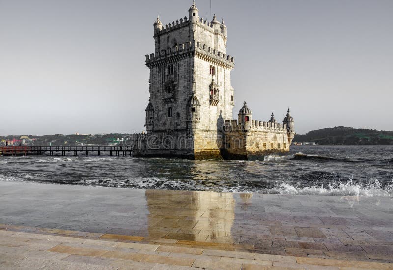 Belem Tower and Reflection at the Riverside of Tejo River Stock Photo ...