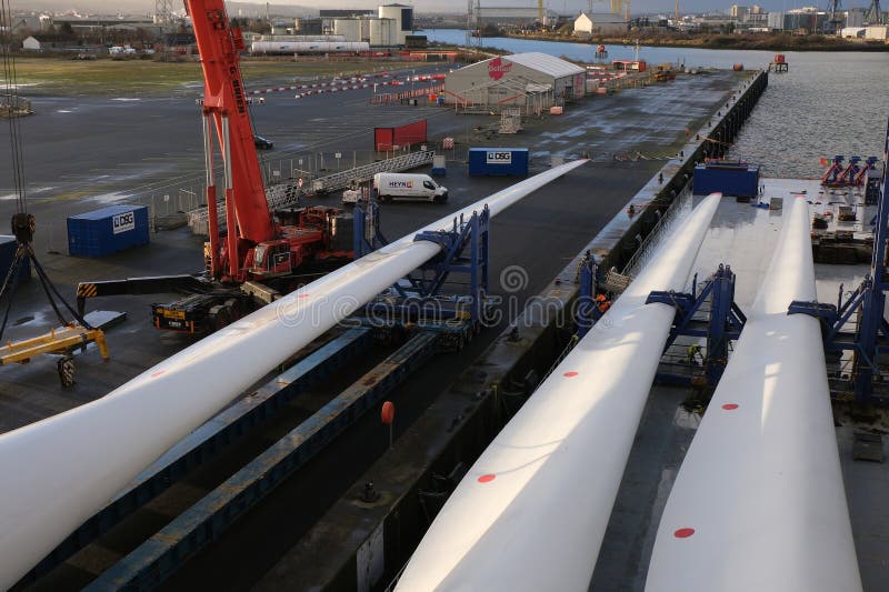 Blade of Wind Turbine Secured on Self Propelled Modular Trailer Ready ...