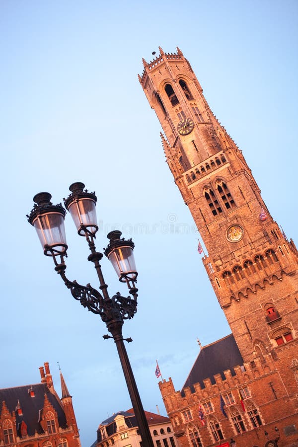 Belfry Bell Tower on Sunset in Bruges Stock Image - Image of square ...