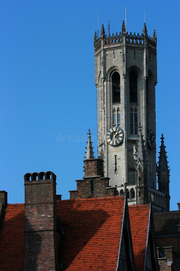 Belfry Tower and Flemish Architecture in Bruges at Sunny Day, Belgium ...