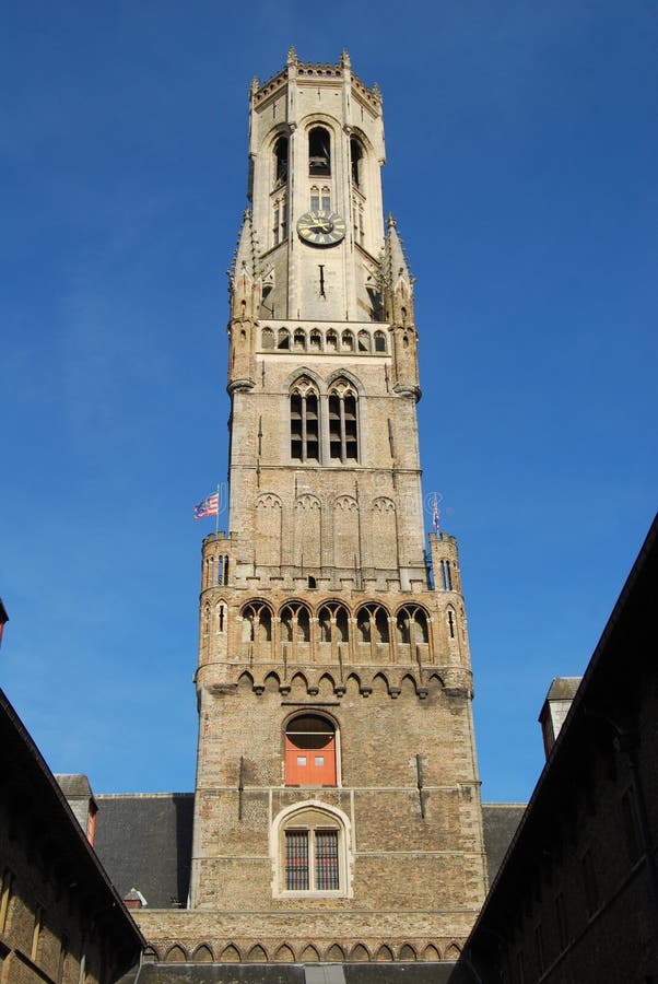 Belfry Tower and Flemish Architecture in Bruges at Sunny Day, Belgium ...