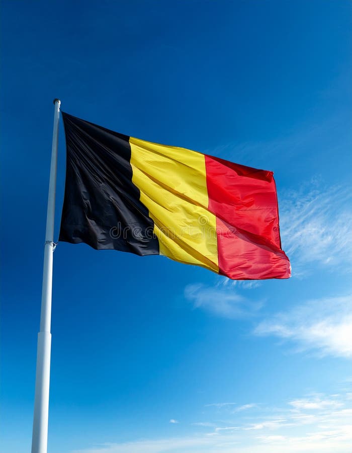 A Belgian Flag Fluttering Against a Bright Blue Sky Stock Illustration ...