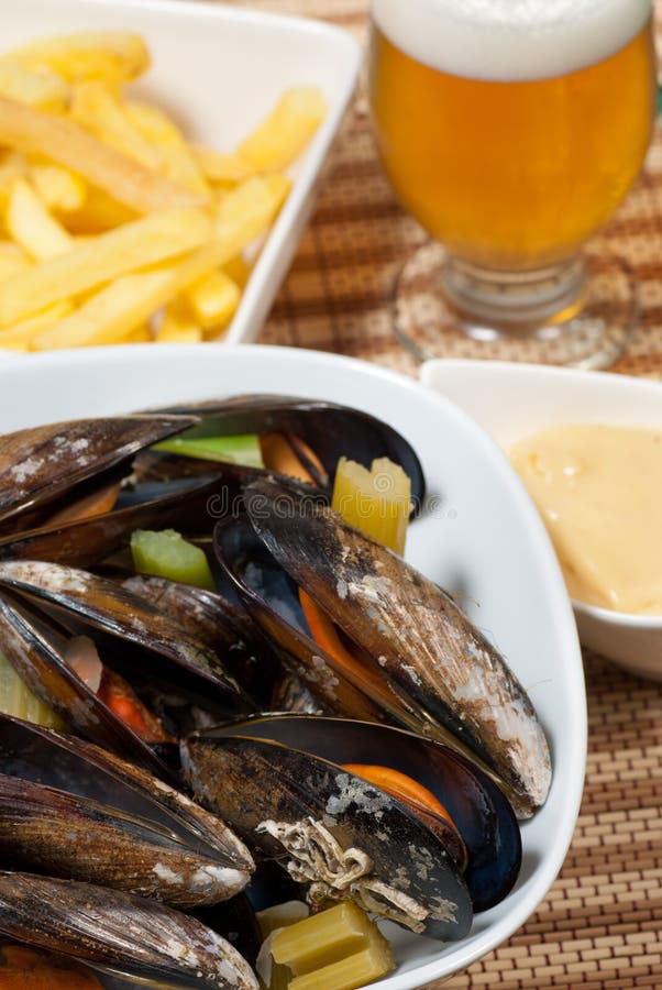 Seafood, Mussels, Beer, Fries Stock Photo - Image of parsley, fried ...