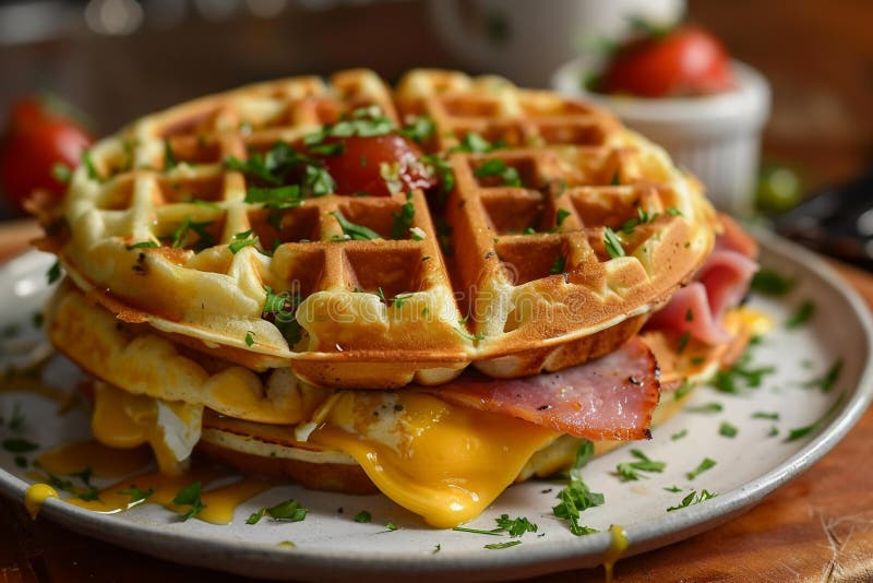 Belgian Waffle Breakfast Sandwich with Ham and Cheese Stock ...