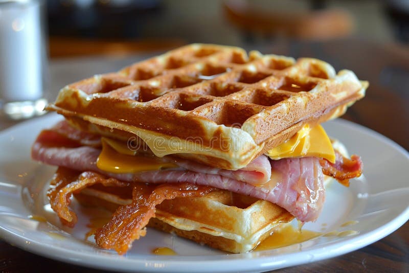 Belgian Waffle Breakfast Sandwich with Ham and Cheese Stock ...