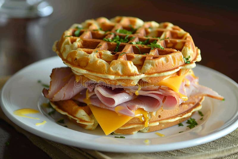 Belgian Waffle Breakfast Sandwich with Ham and Cheese Stock ...