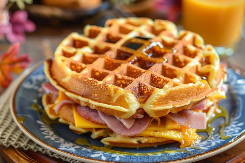 Belgian Waffle Breakfast Sandwich with Ham and Cheese Stock ...