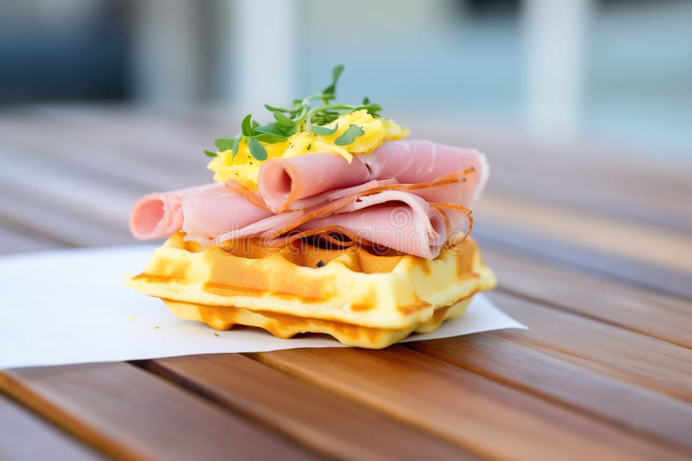 Belgian Waffle Breakfast Sandwich with Ham and Cheese Stock Image ...