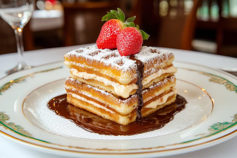 Belgian Waffle with Strawberries and Chocolate on a Plate Stock ...