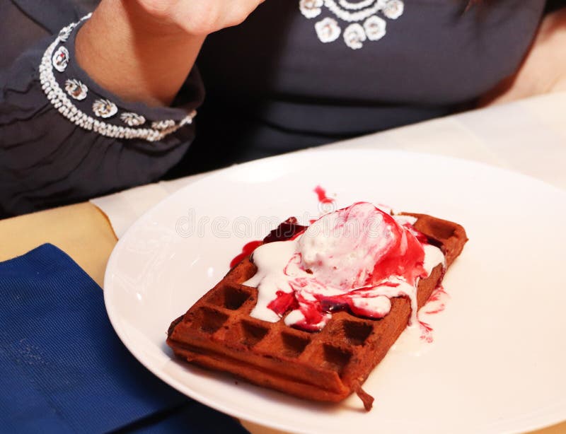Belgian Waffle on a Table in a Cafe Stock Image - Image of belgian ...