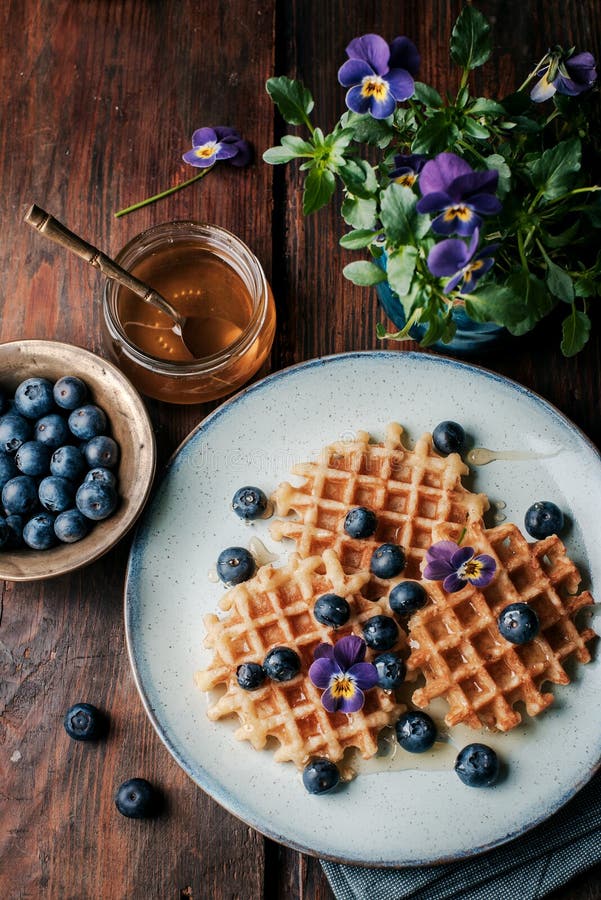 Belgian Waffles with Blueberry and Honey Stock Image - Image of ...