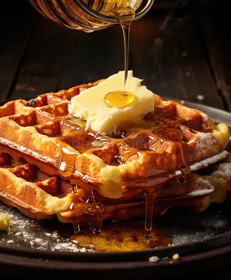 Belgian Waffles with Butter and Honey , Close Up. AI Generated ...