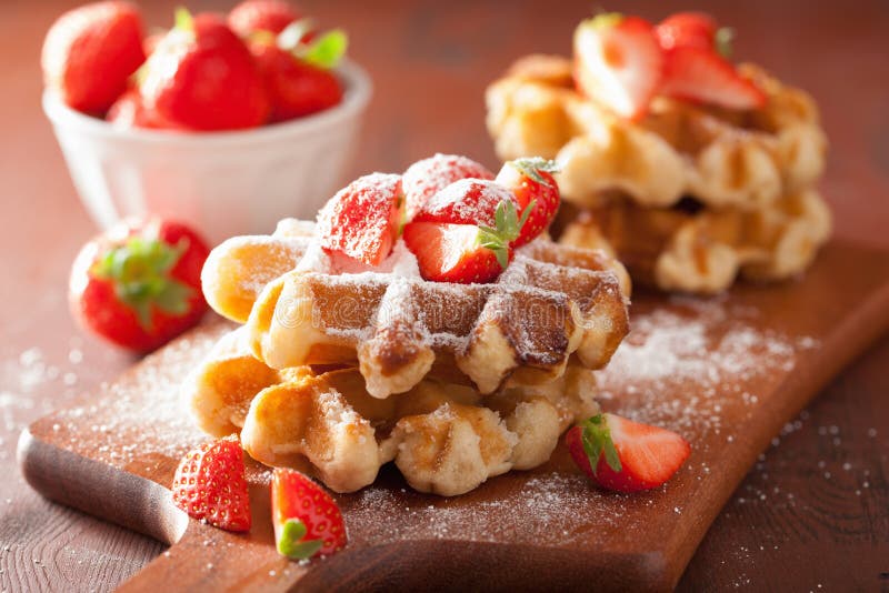 Belgian Waffles with Icing Sugar and Strawberry Stock Image - Image of ...