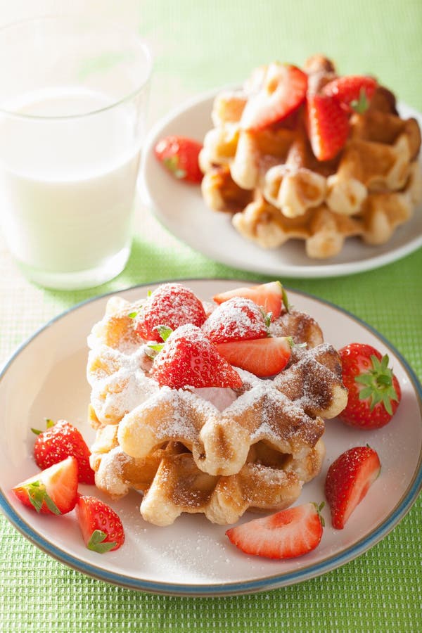 Belgian Waffles with Icing Sugar and Strawberry Stock Image - Image of ...