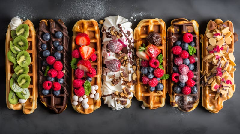 Belgian Waffles in a Row with Different Toppings, AI Generative Stock ...
