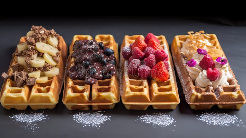 Belgian Waffles in a Row with Different Toppings, AI Generative Stock ...