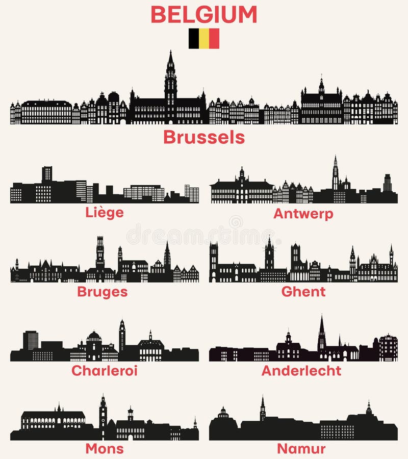 Belgium Cities Skylines Silhouettes Vector Set Stock Vector ...
