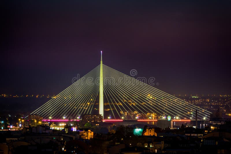Belgrade Panorama with Ada Bridge by Night Stock Image - Image of ...