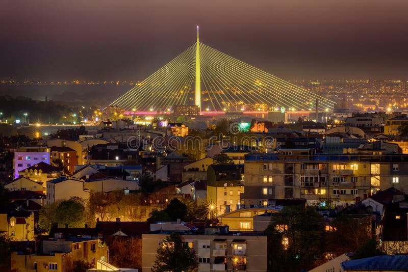 Belgrade Panorama with Ada Bridge by Night Stock Image - Image of ...