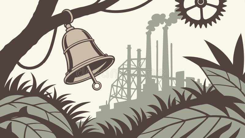 Bell Amidst Industrial Factory Landscape, Mechanical Harmony, Vector ...