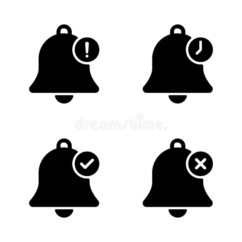 Bell with Exclamation Mark, Time, Checkmark, and Cross Icon ...