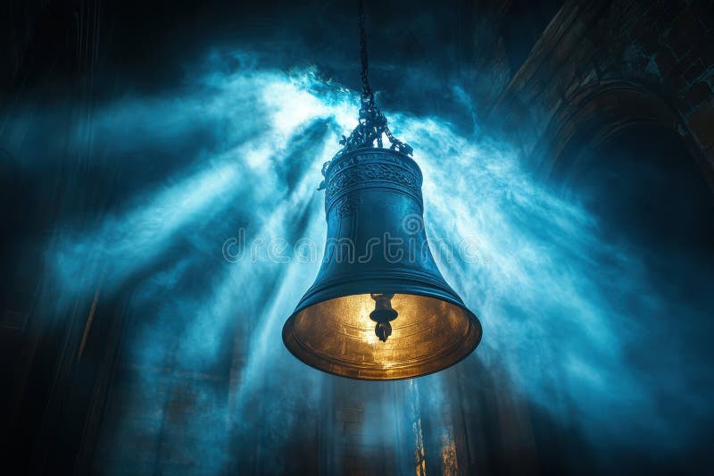 A Bell Hanging from the Ceiling with a Blue Light Shining on it Stock ...