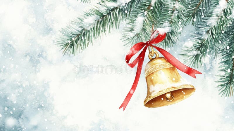 A Bell Hanging from a Christmas Tree in the Snow Stock Illustration ...
