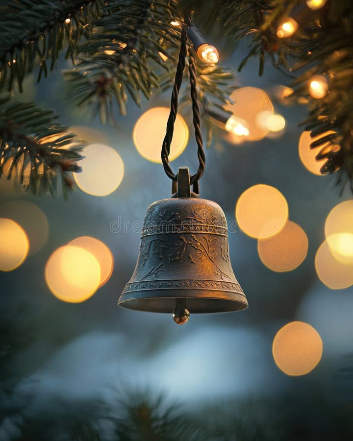 A Bell Hanging from a Tree with a Bright Light Shining on it Stock ...