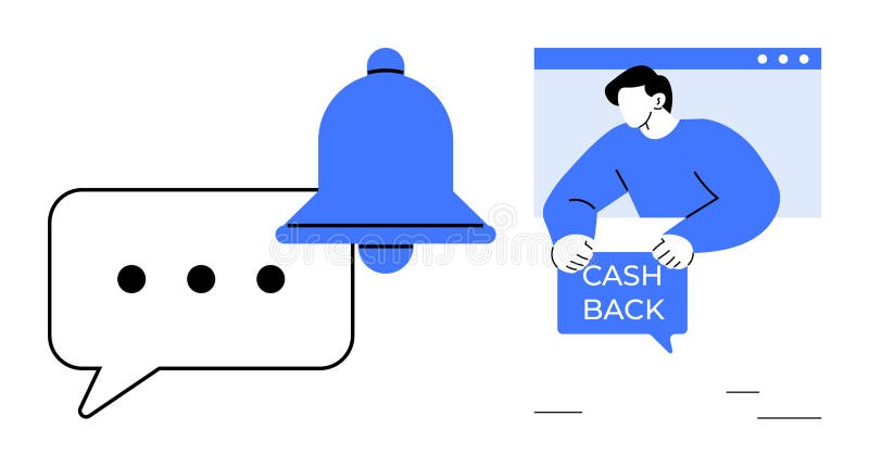 Notification Bell and Cashback Message with Person on Computer Screen ...