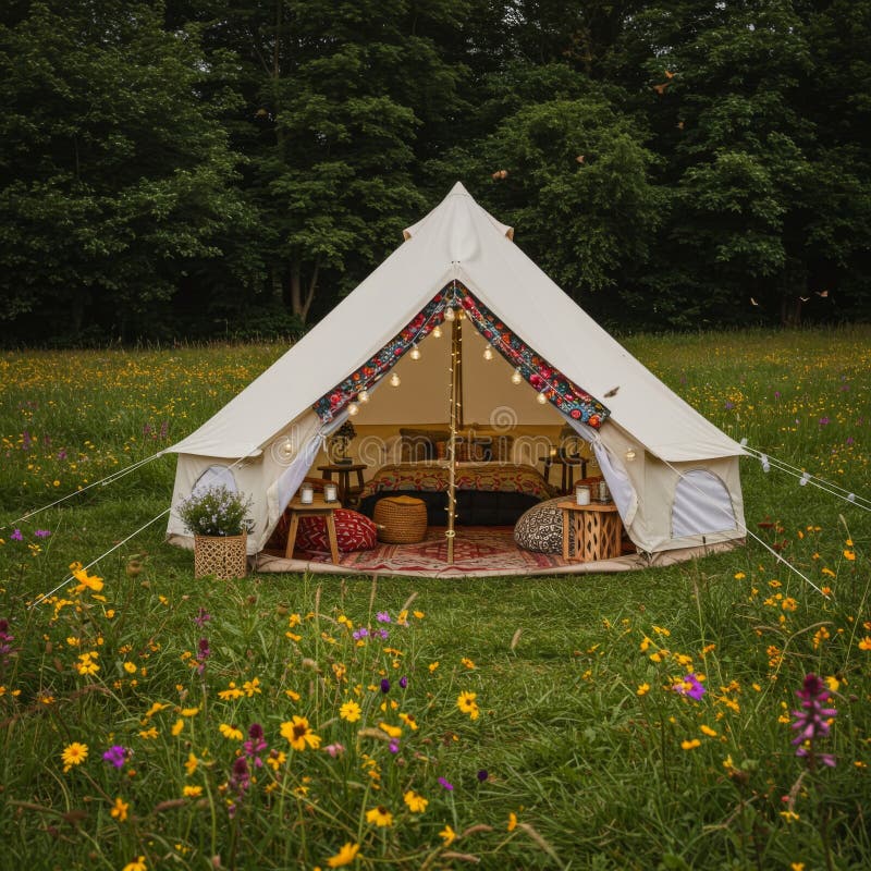 Bell Tent in a Wildflower Meadow at Sunset Stock Illustration ...