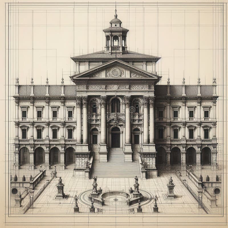 Classical Municipal Building with Tower and Columns Stock Illustration - Illustration of ...