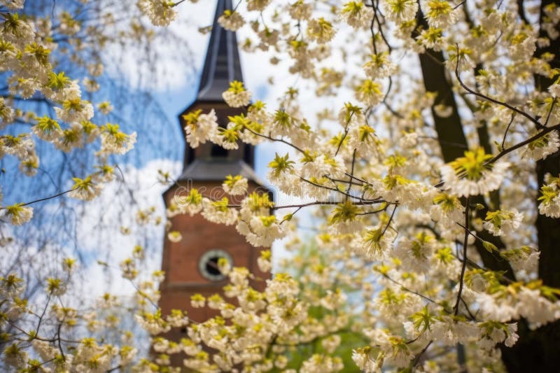 A Bell Tower with Blooming Spring Flowers at Its Base Stock Image ...