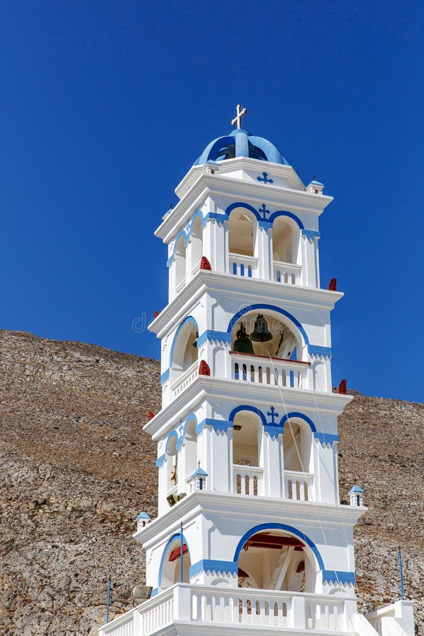 The Bell Tower of a Classic Greek White Church. Stock Photo - Image of ...