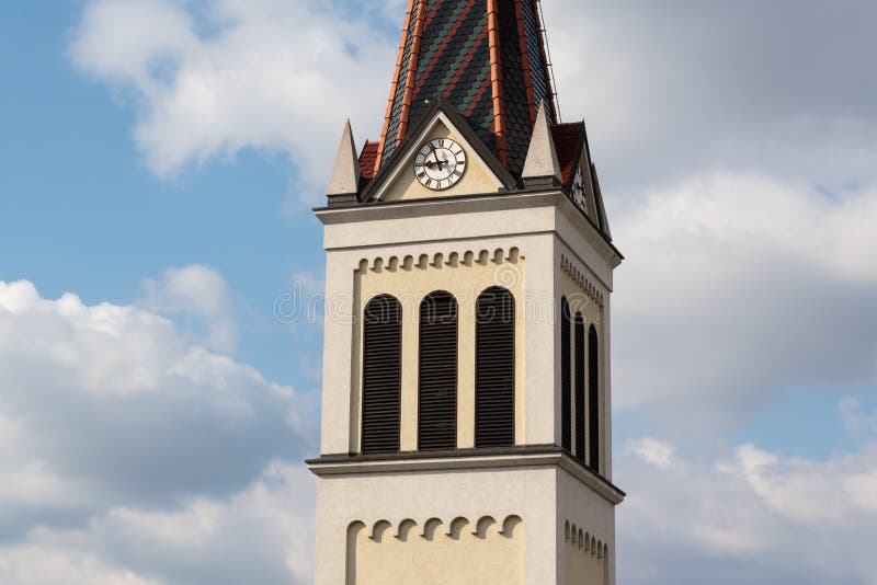 Bell tower with clock stock photo. Image of steeple - 246092954