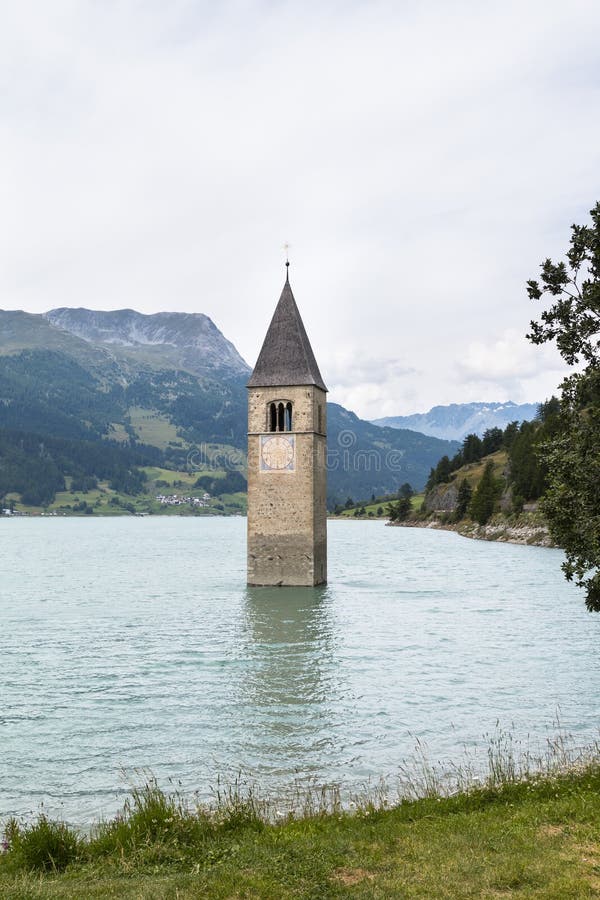 Bell Tower in Lake Reschen, Italy Stock Image - Image of bell, lake ...
